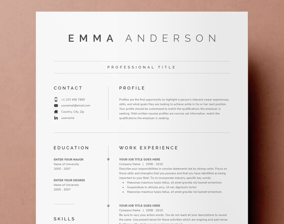 Clean Modern Resume Template 4 Page CV Template Cover Etsy UK