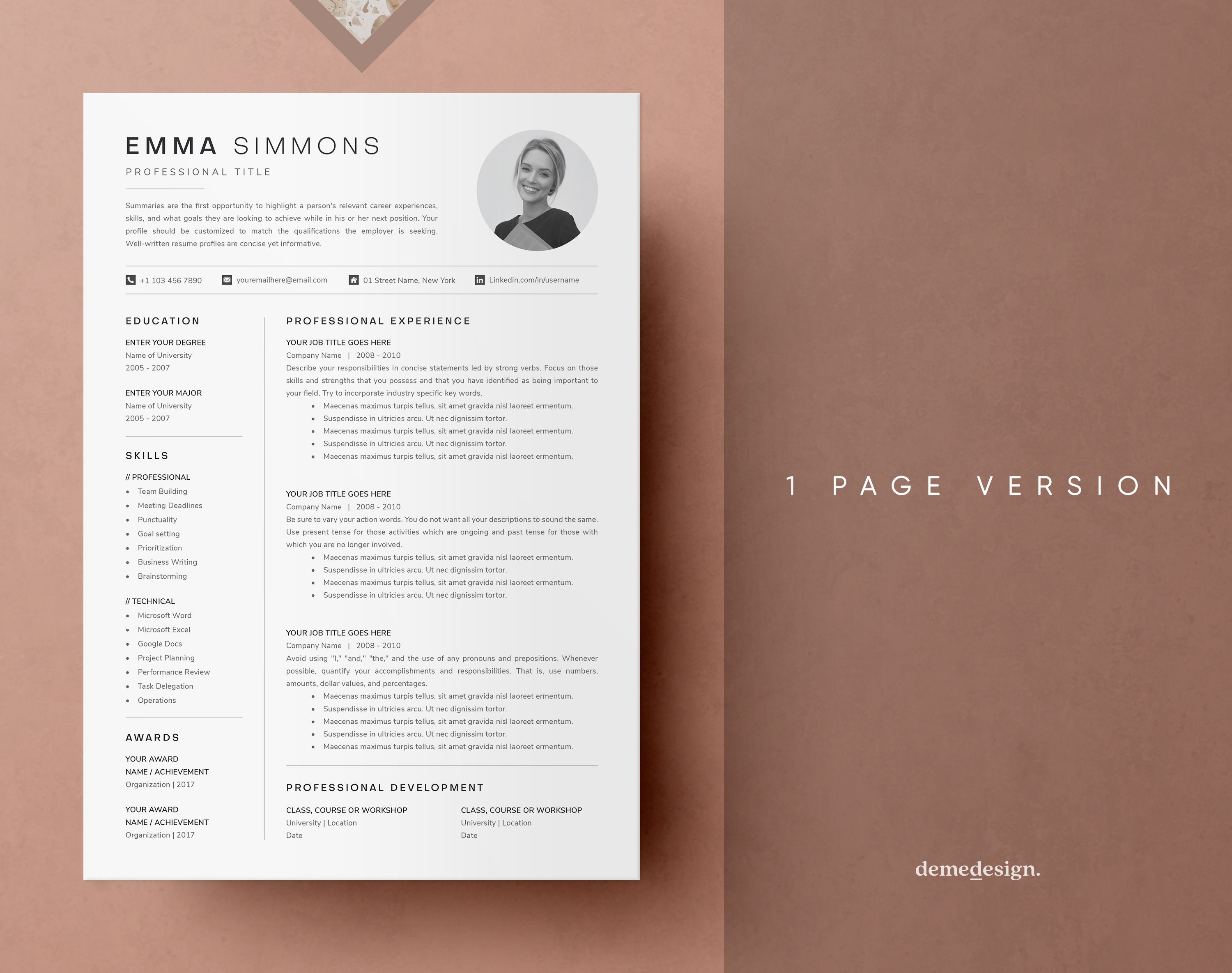 COMPACT 1 Page Resume Template With Photo Cover Letter References for ...
