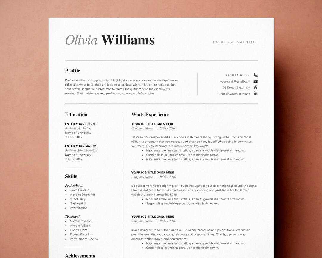 One Page Resume Template Word | CV Template + Cover Letter + References ...