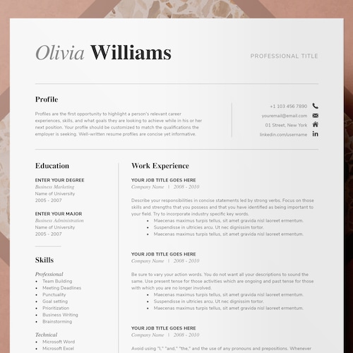 One Page Resume Template Word CV Template Cover Letter - Etsy
