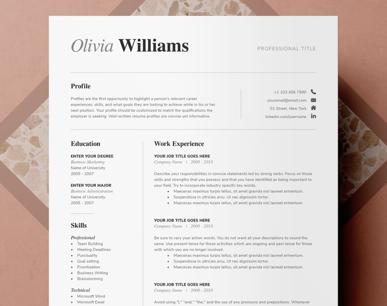 One Page Resume Template Word CV Template Cover Letter References for ...