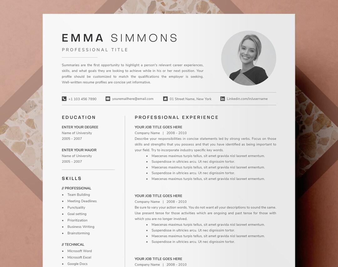 COMPACT 1 Page Resume Template With Photo Cover Letter References for ...