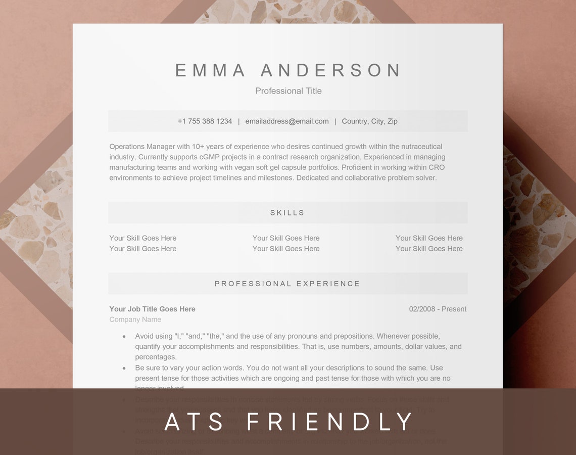 ATS Friendly Resume Template for Microsoft Word Cover Letter - Etsy