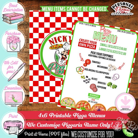 Personal Pizza-Menu-We Customize Pizzeria Name (Only)-4x6 Menu Font and ...