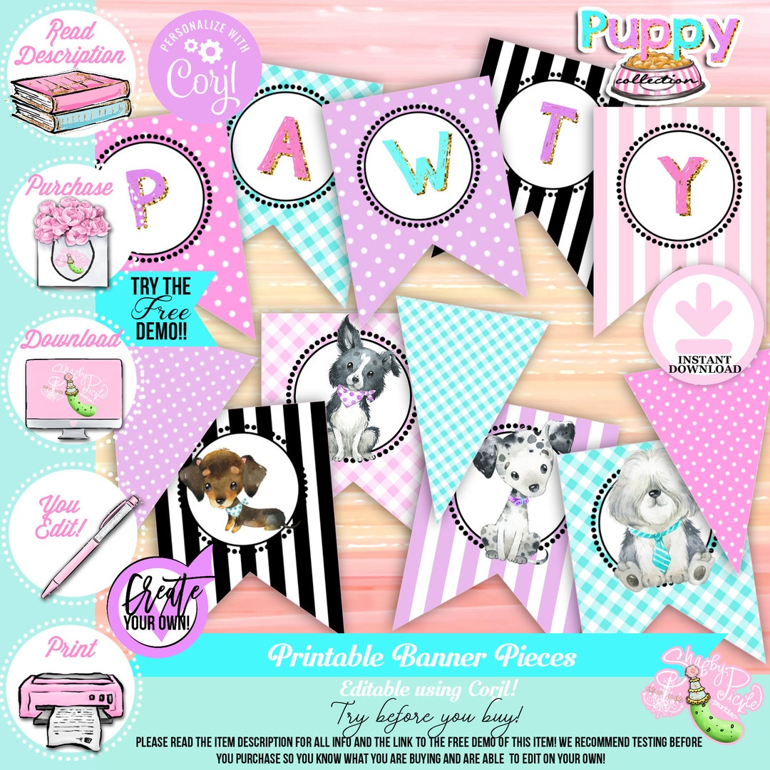 Puppy Pawty-banner Pieces-premade & Edit in Corjl-custom Name-birthday ...