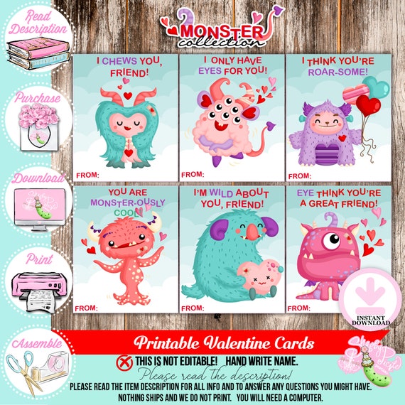 Valentine's Monsters-Valentine's Day Cards-6 Styles-Class Favors ...