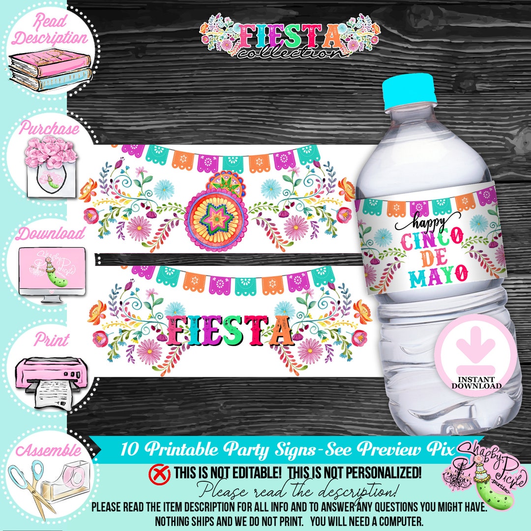 Fiesta-water Bottle Labels-fiesta-cinco De Mayo-taco - Etsy