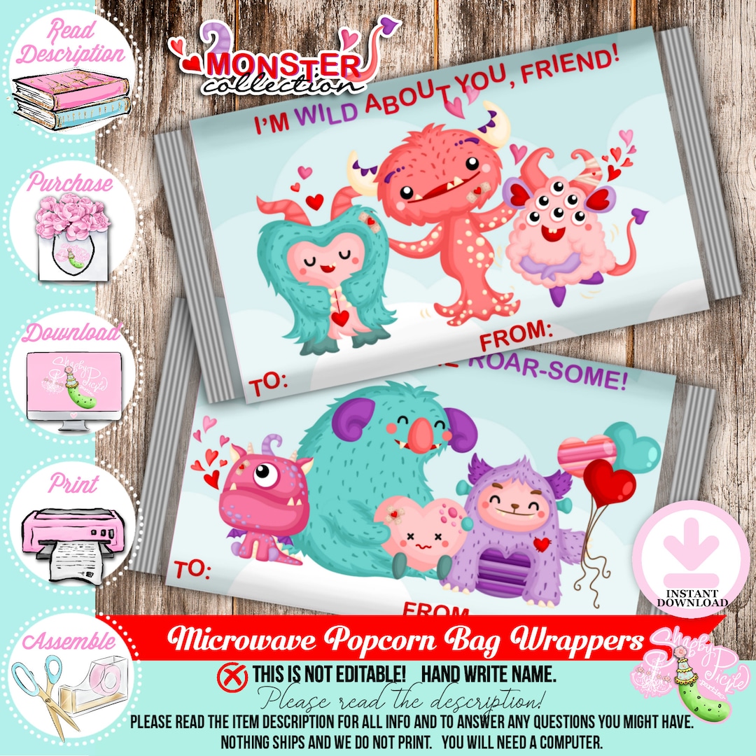 Valentine's Monsters-valentine's Popcorn Wrapper Labels-2 Styles-class ...