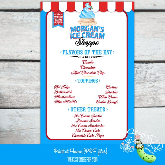 Ice Cream Shoppe Party-Custom Menu-8.5x11 or 11x17 Birthday-Customize ...
