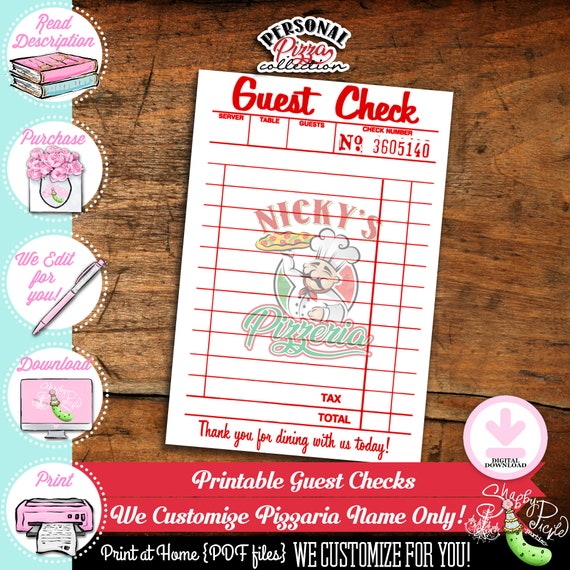 Personal Pizza-Guest Checks-We Customize Pizzeria Name (Only)-Playset ...