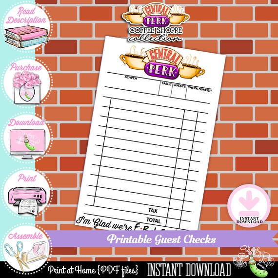 Coffee House-Guest Receipts-Guest Checks-Printable-Friends-Central Perk ...