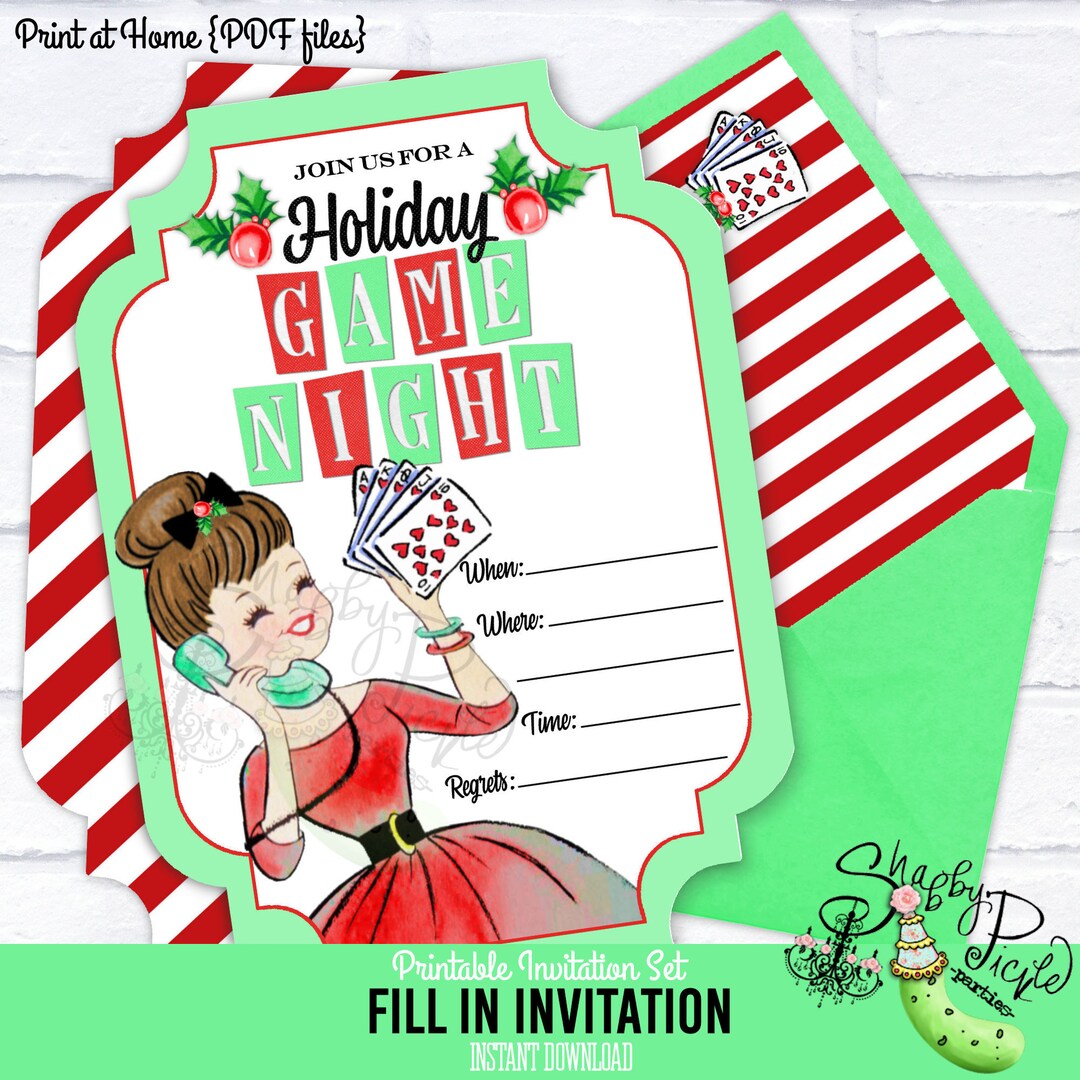 Holiday Game Night-fill in Invitation-holly-christmas-invite-retro-xmas ...