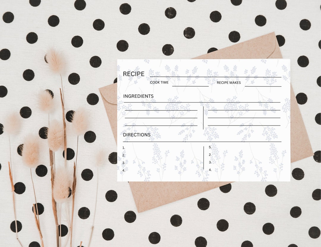 Printable Recipe Card Template | Modern Blue Floral Design | Digital ...
