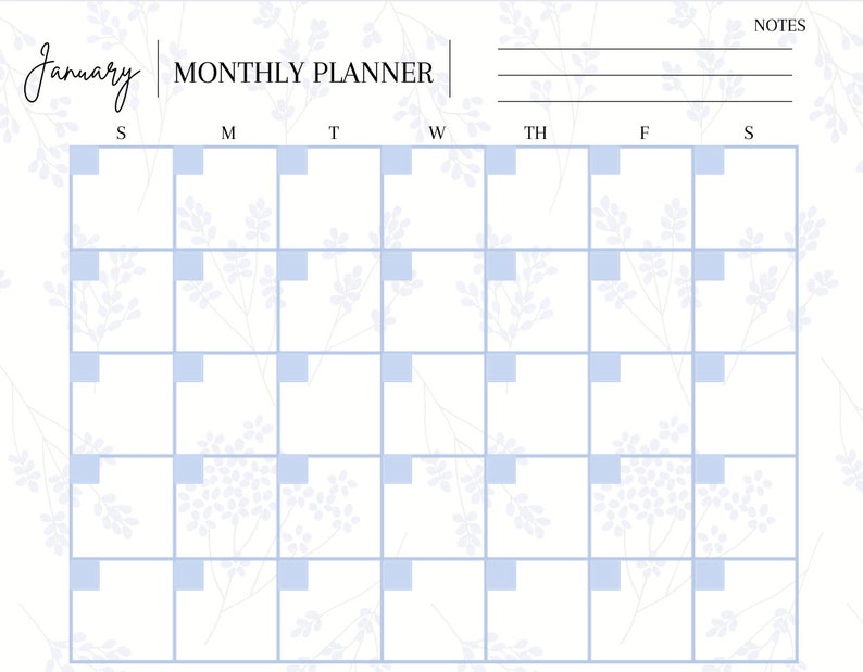 Printable Monthly Planner Template | Modern Blue Floral Design ...