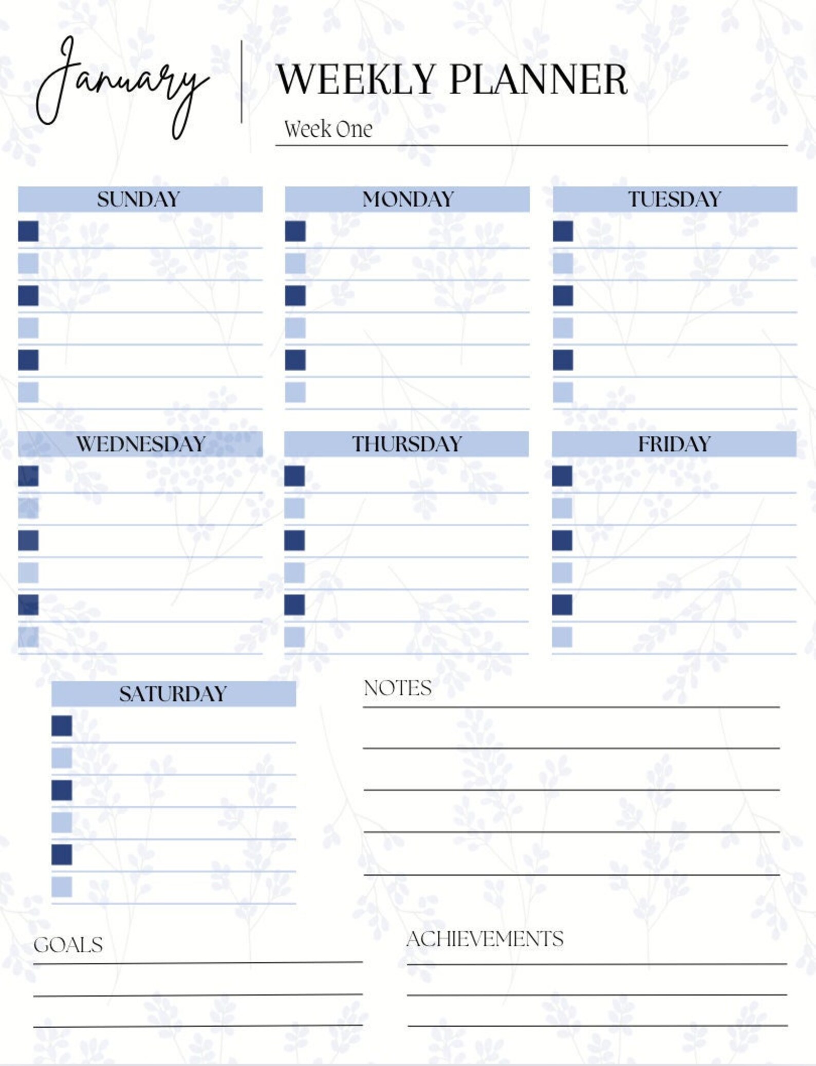 Printable Weekly Planner Template Modern Blue Floral Design Digital ...