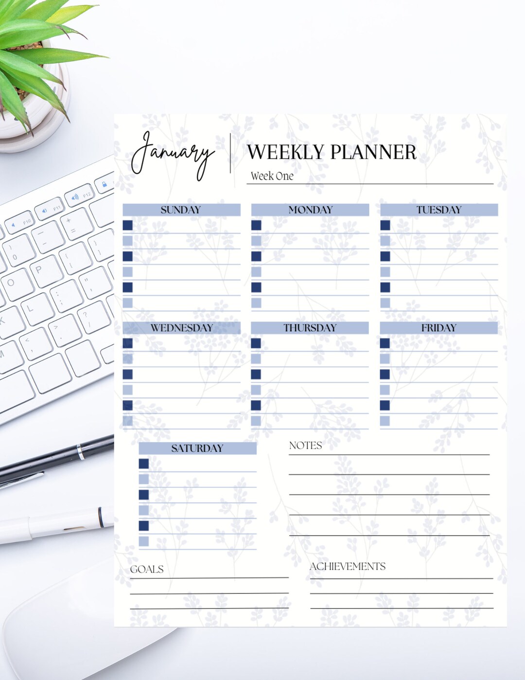 Printable Weekly Planner Template Modern Blue Floral Design Digital ...