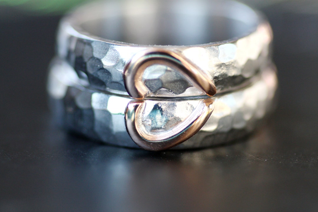 Sterling Silver Heart Puzzle Rings: Hammered Wedding Ring Set - Etsy