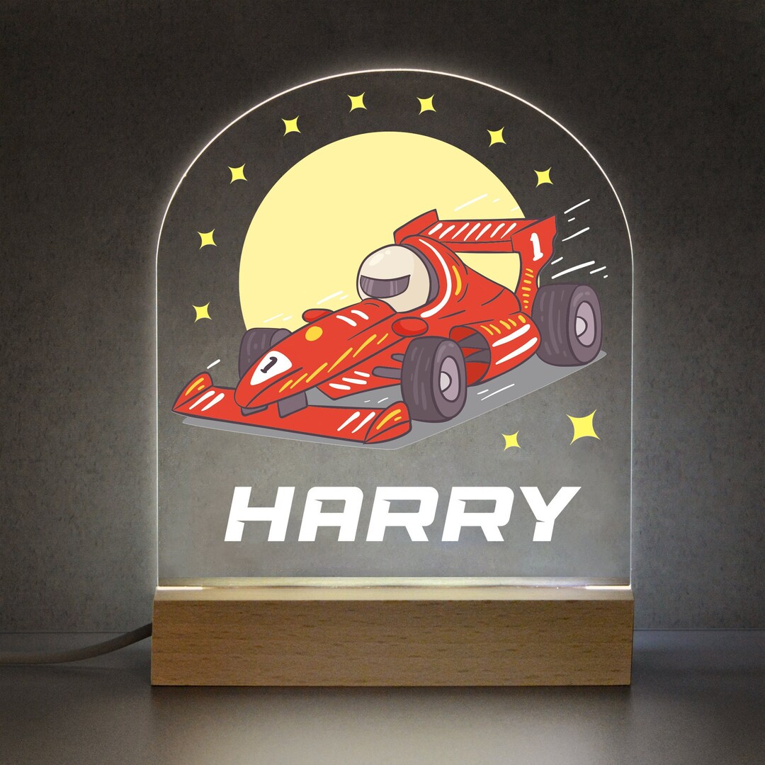 Racing Car Night Light, Personalised Red Racing Car Gifts for Boys, LED ...
