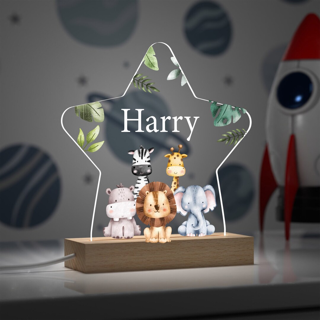 Personalised Jungle Animal Lamp, Kids Star Night Light Gift, Safari ...