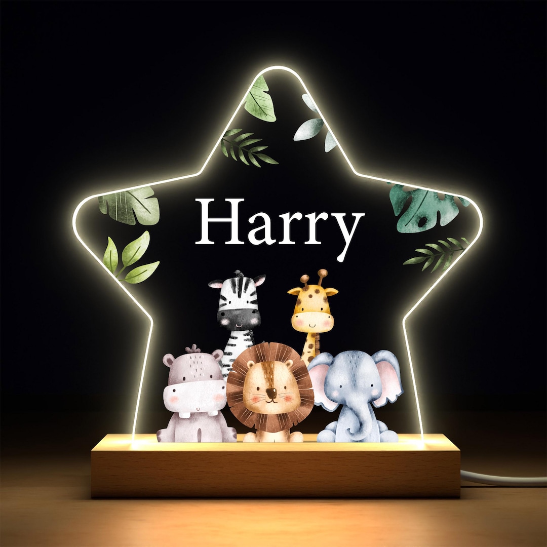 Personalised Jungle Animal Lamp, Kids Star Night Light Gift, Safari ...