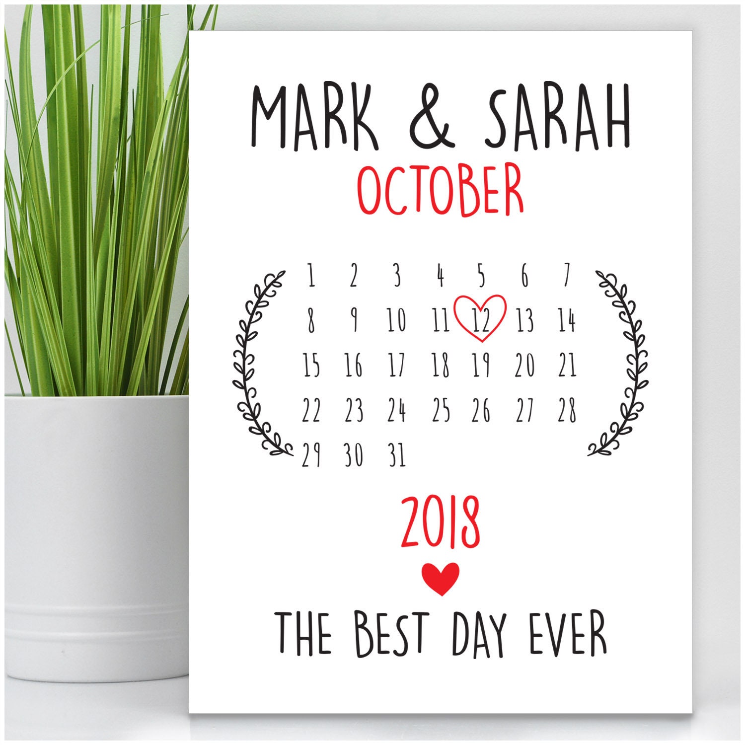 Wedding Date Gifts Personalised Wedding Calendar Print | Etsy