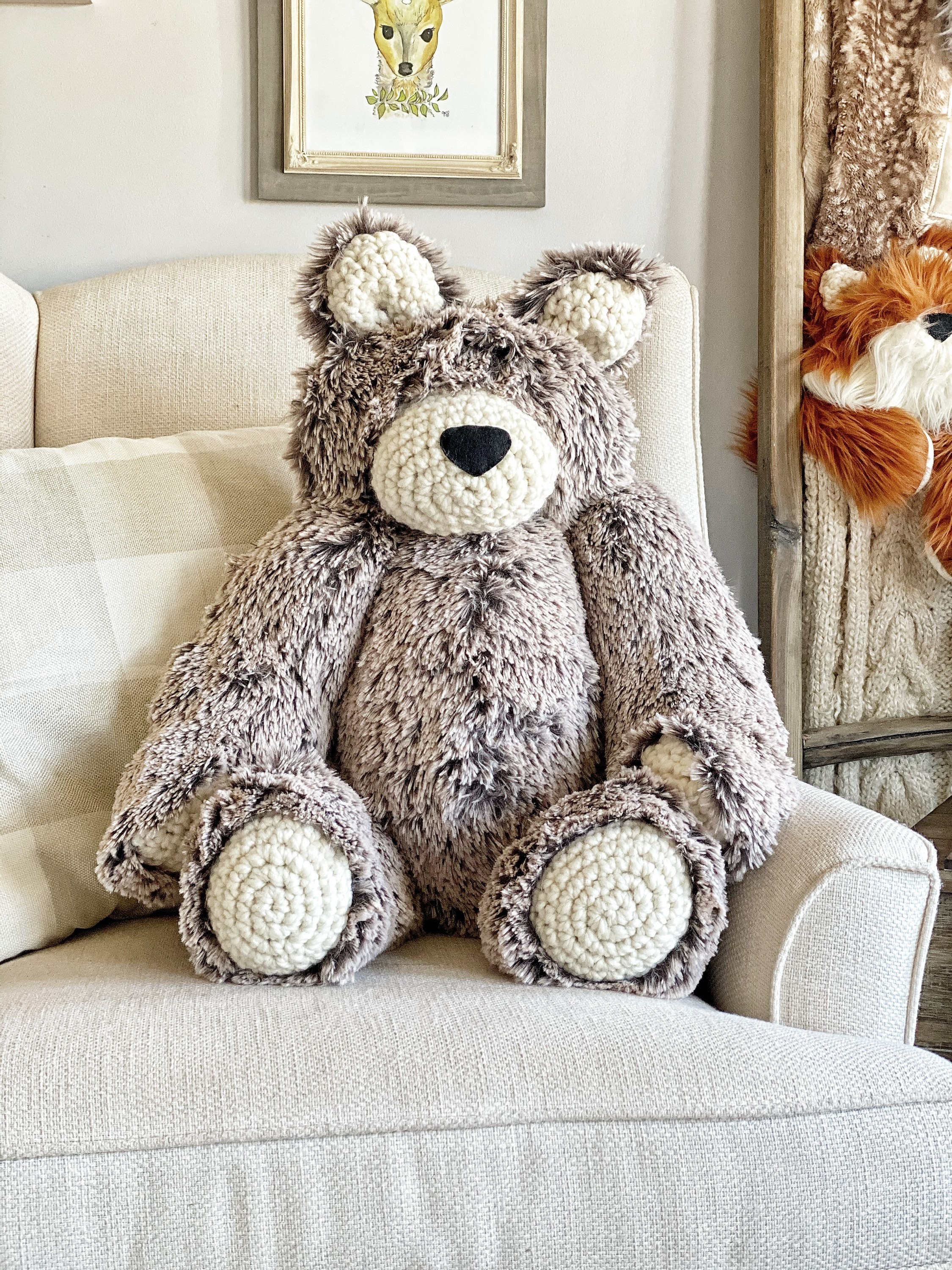 Large Plush Bear: Brown Faux Fur Stuffed Animal With Crochet Accents - Etsy