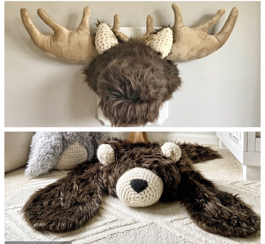 COMBINED Plush Moose Wall Decor AND Regular Size Brown Grizzly Bear Rug ...