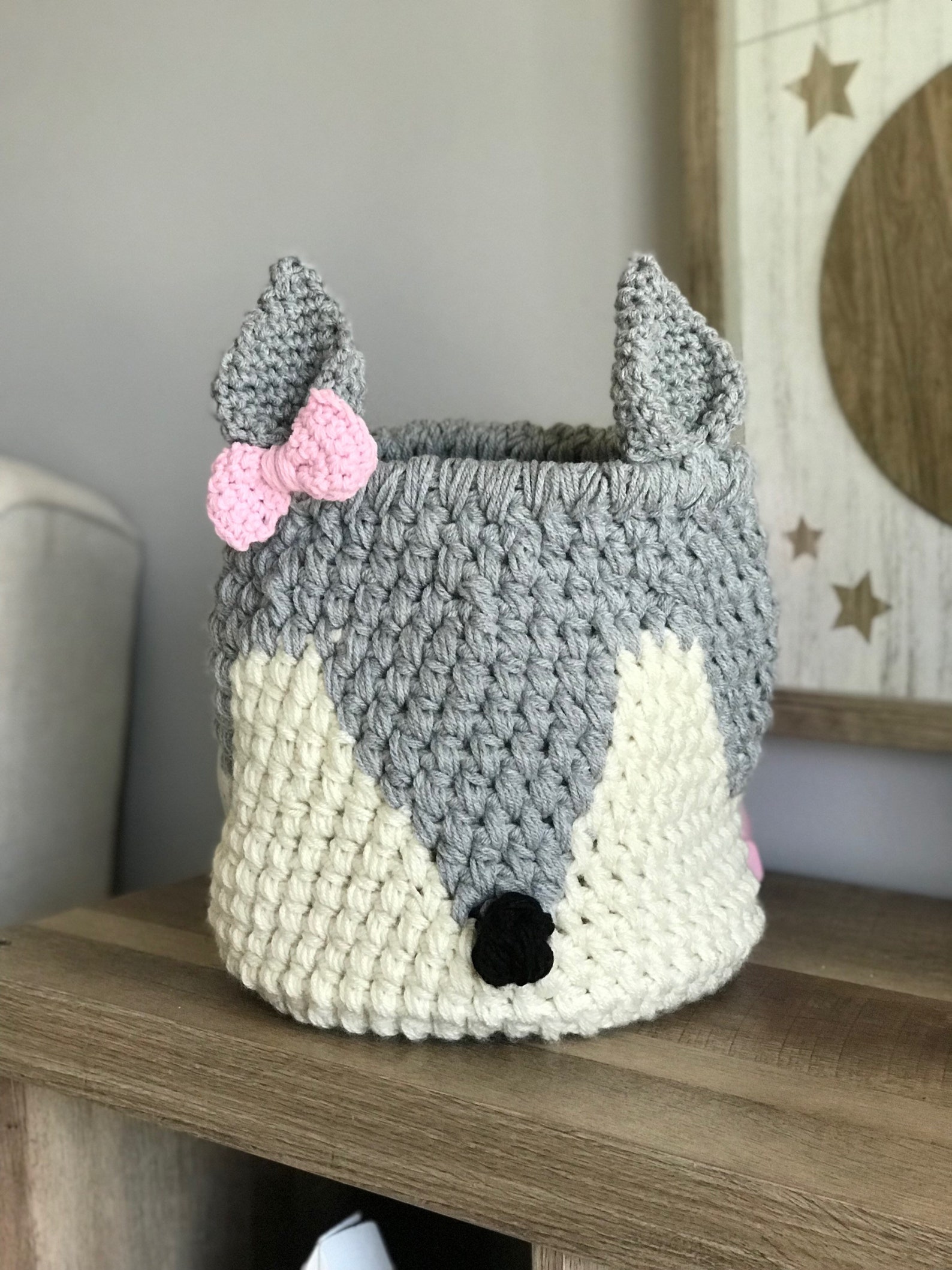 Grey Fox Basket With Pink Bow Crochet Fox Basket Nursery - Etsy