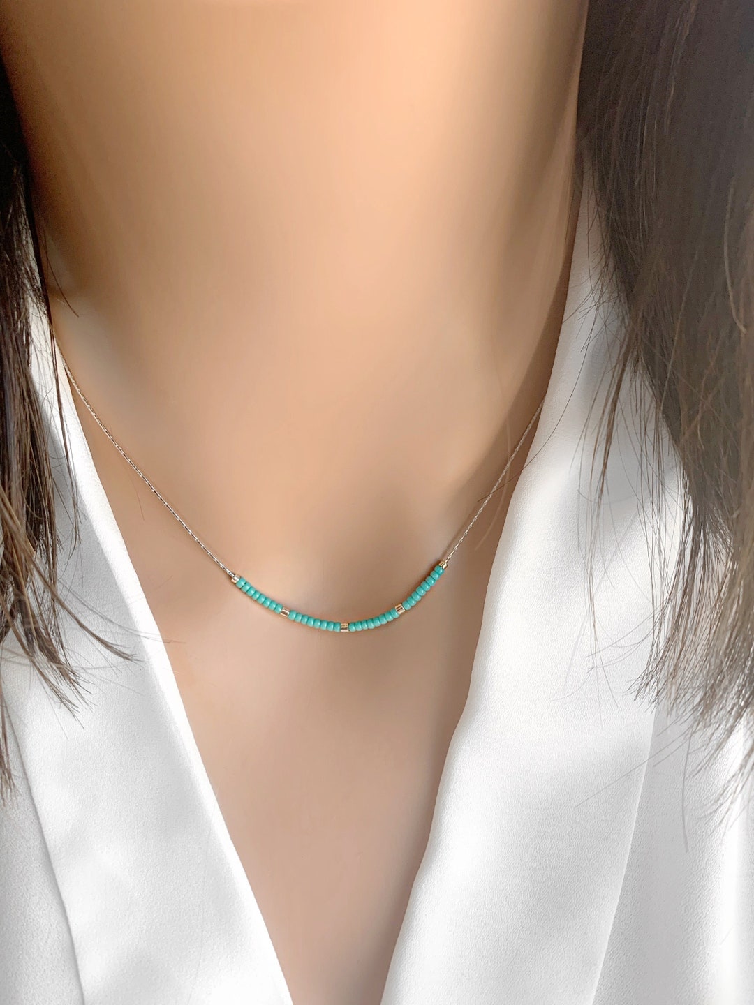 Thin Silver Necklace With Tiny Beads, Delicate Beaded Necklace, Silver ...