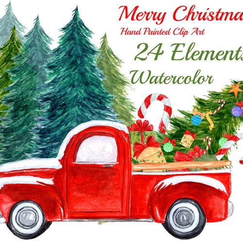 Watercolor Christmas Clipart: christmas Truck - Etsy