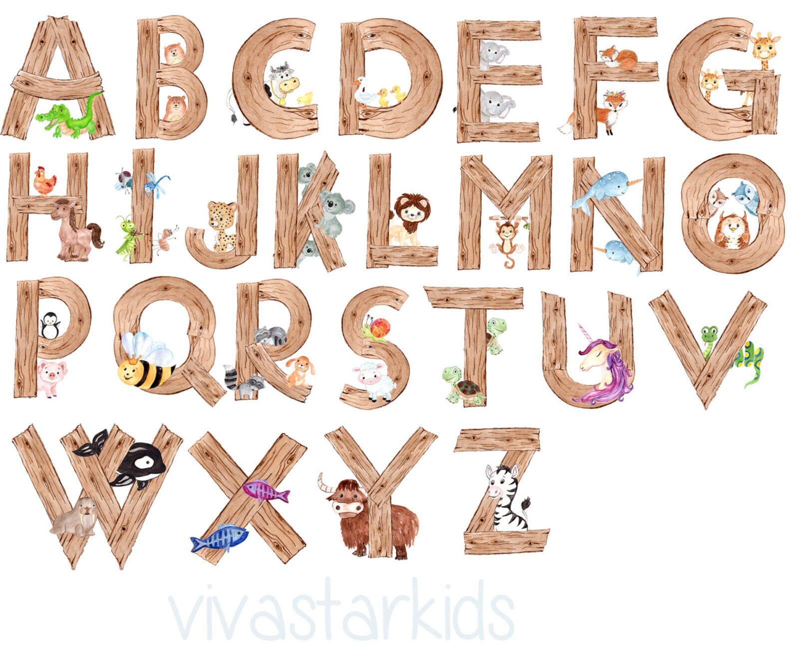 Animal alphabet clipart: ZOO ALPHABET wood | Etsy