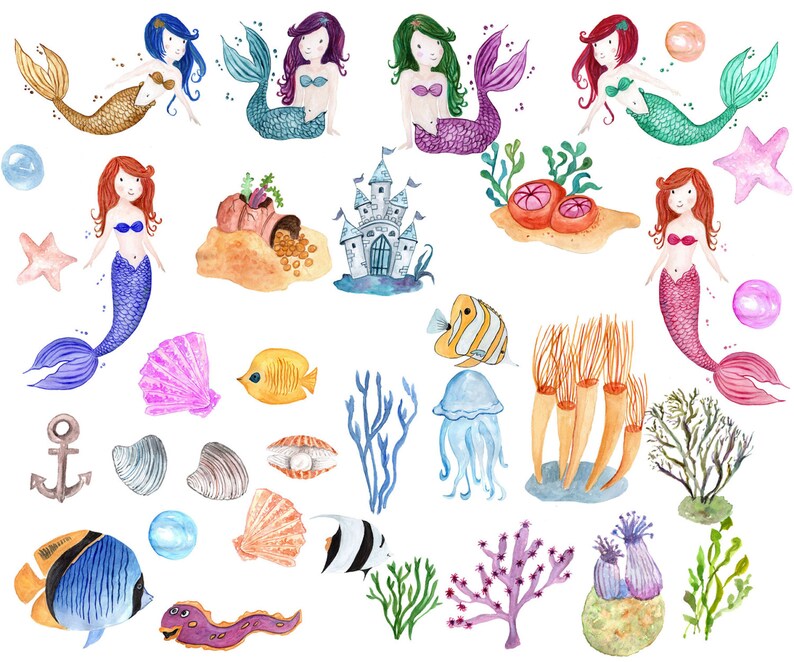 Mermaids Clip Art: watercolor Mermaid Girls - Etsy