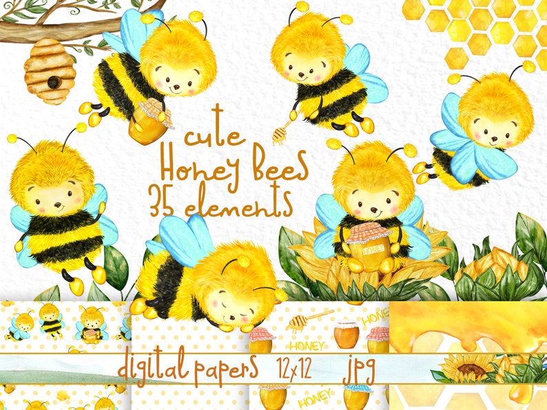 Honey Bees Clipart: cute LITTLE Bees Watercolor - Etsy