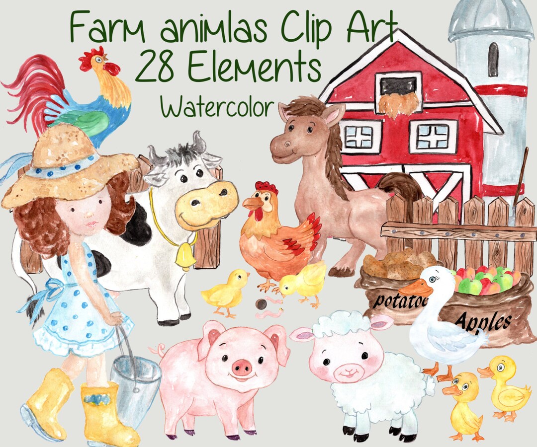 Farm Animals Clipart: farm CLIP Art Watercolor - Etsy