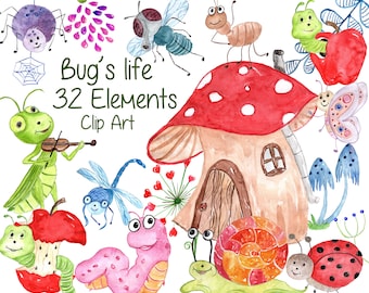 Watercolor Bugs Clipart - Etsy