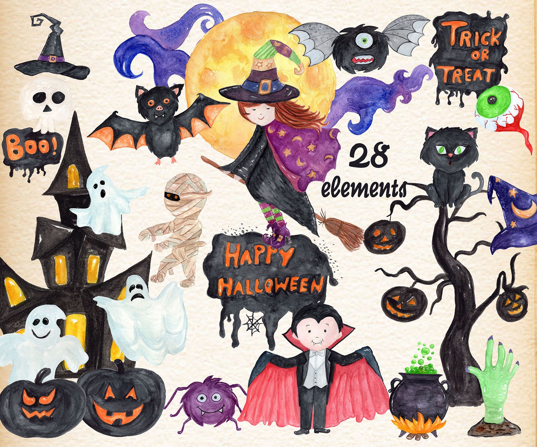 Watercolor Halloween Clipart: halloween CLIP Art - Etsy