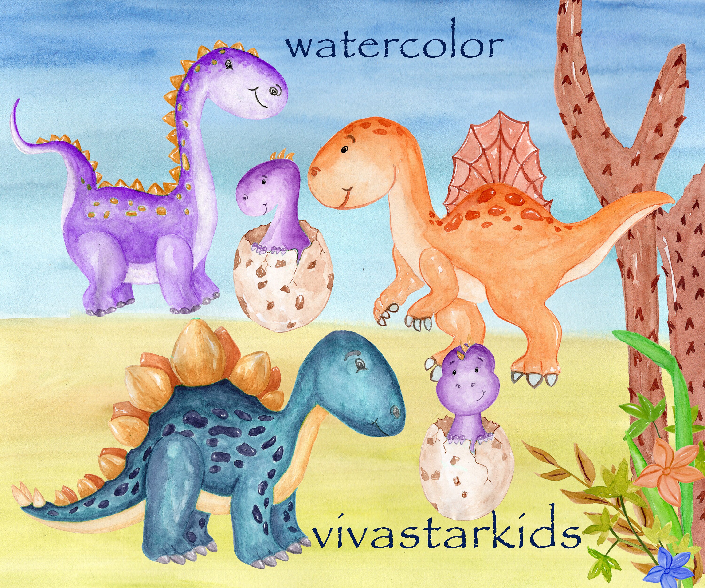 Dinosaur clipart: WATERCOLOR DINOSAURS Dino | Etsy