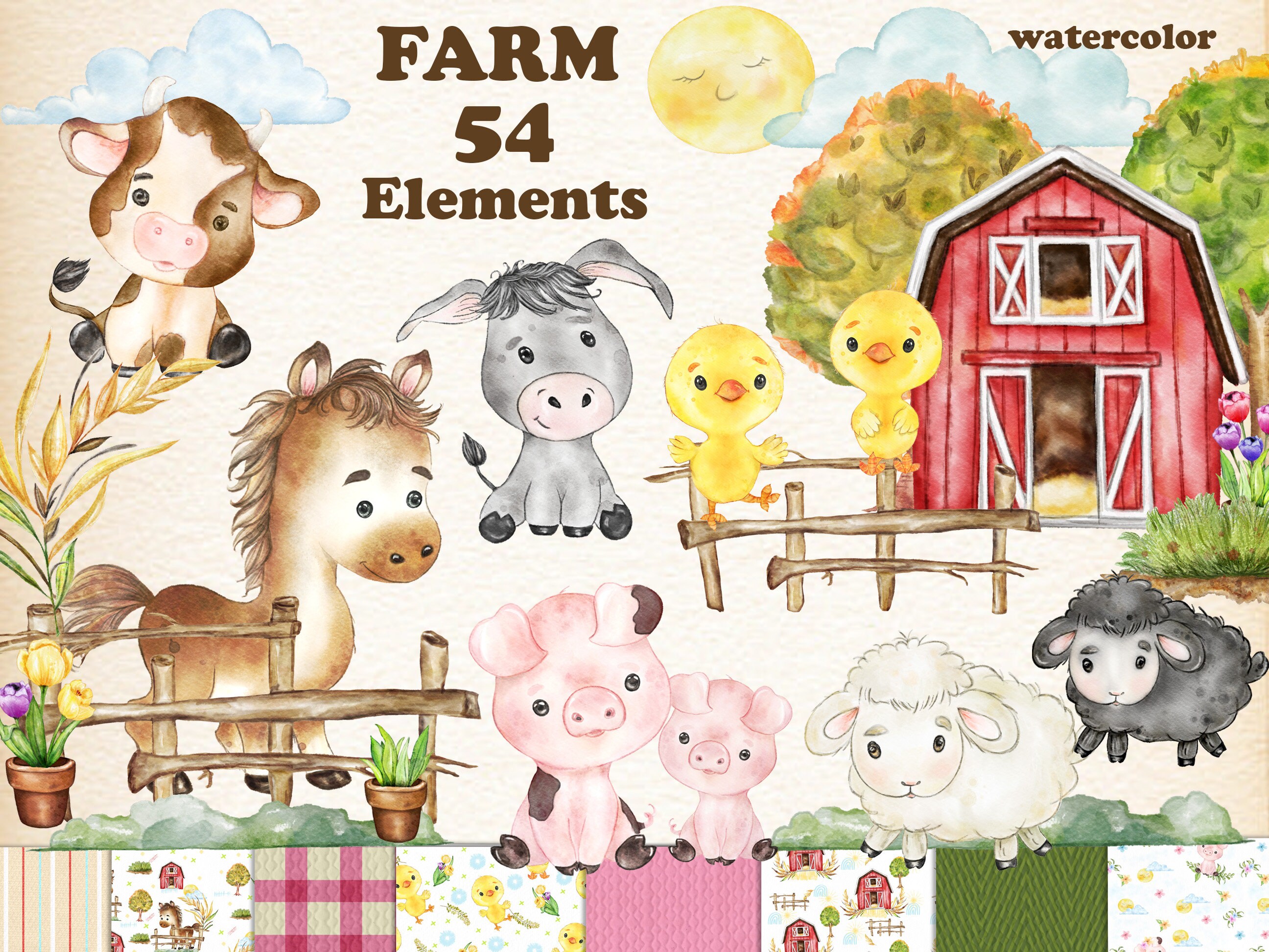 Farm Animals Clipart: farm CLIP Art Watercolor - Etsy