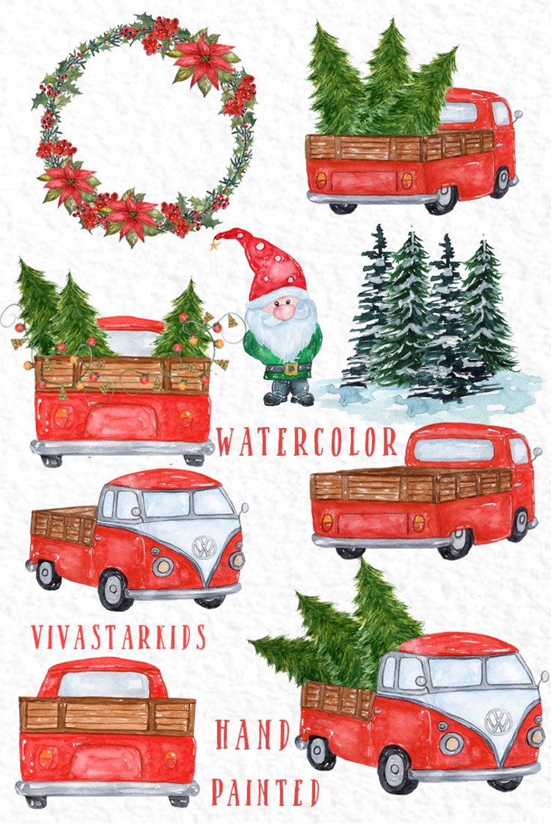 Watercolor Christmas Cars Clipart: christmas Truck - Etsy
