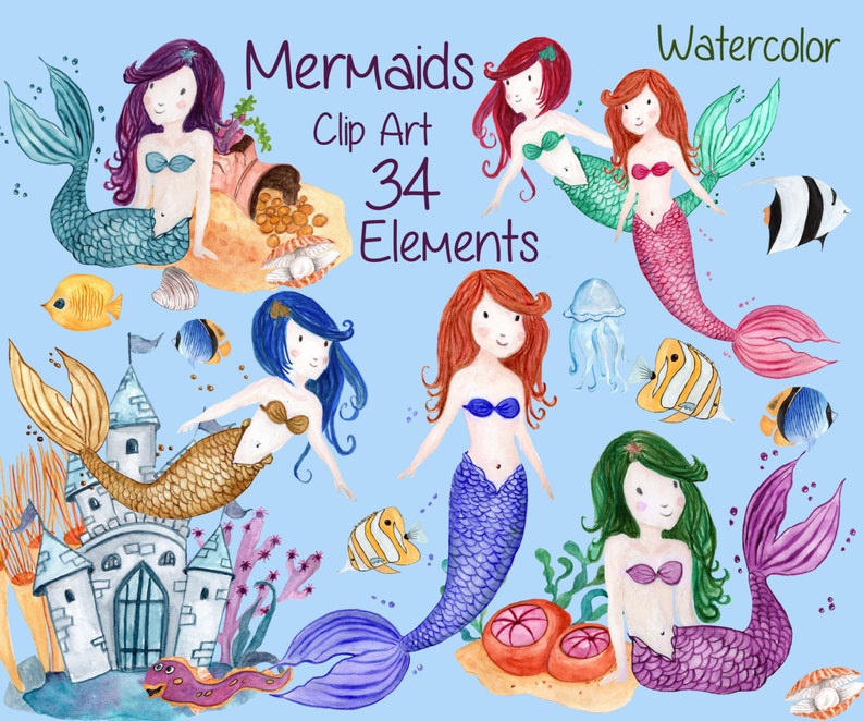 Mermaids Clip Art: watercolor Mermaid Girls - Etsy