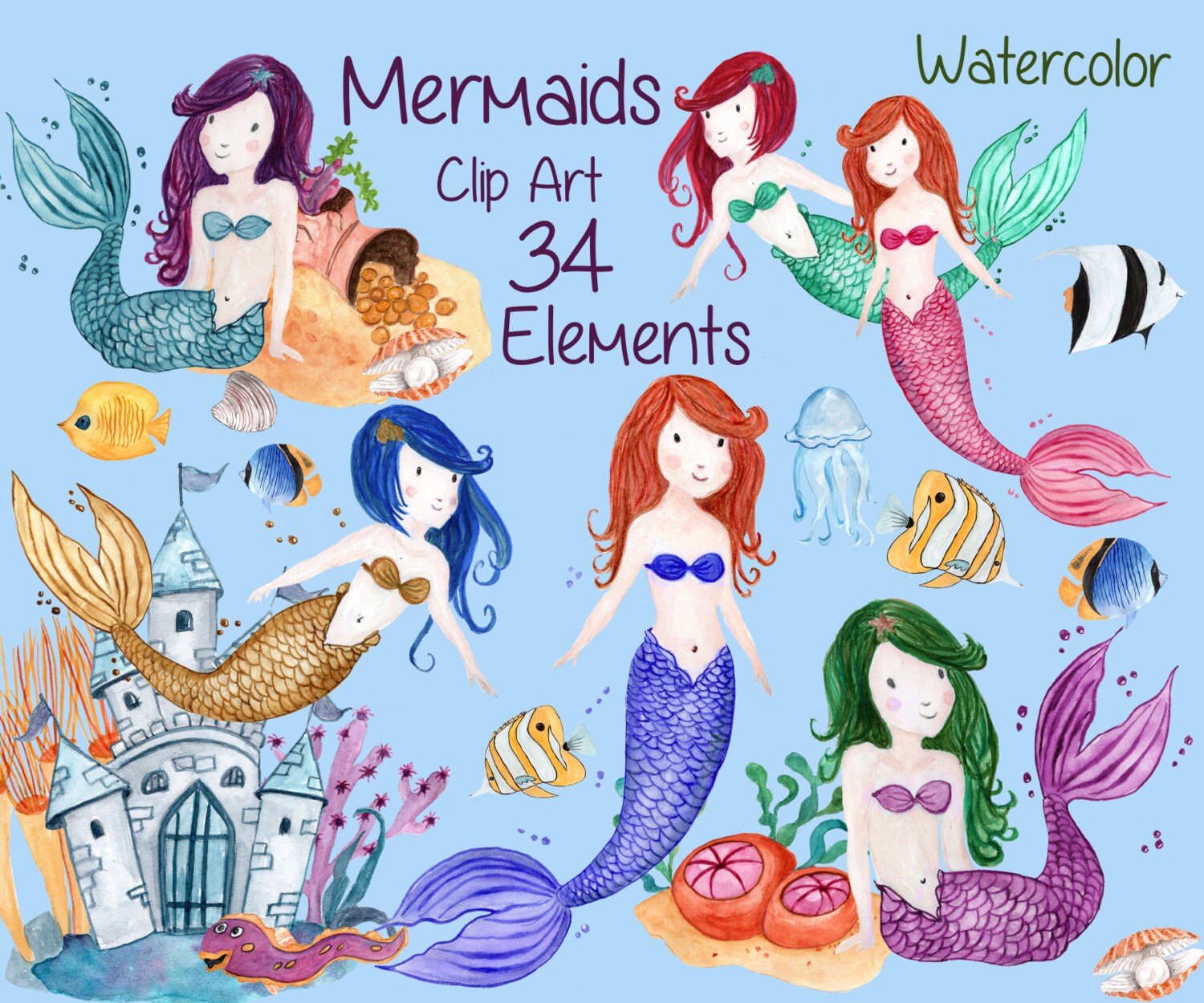 Mermaids Clip Art: watercolor Mermaid Girls | Etsy