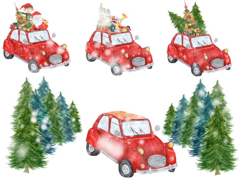 Watercolor Christmas Clipart: christmas RED Car - Etsy