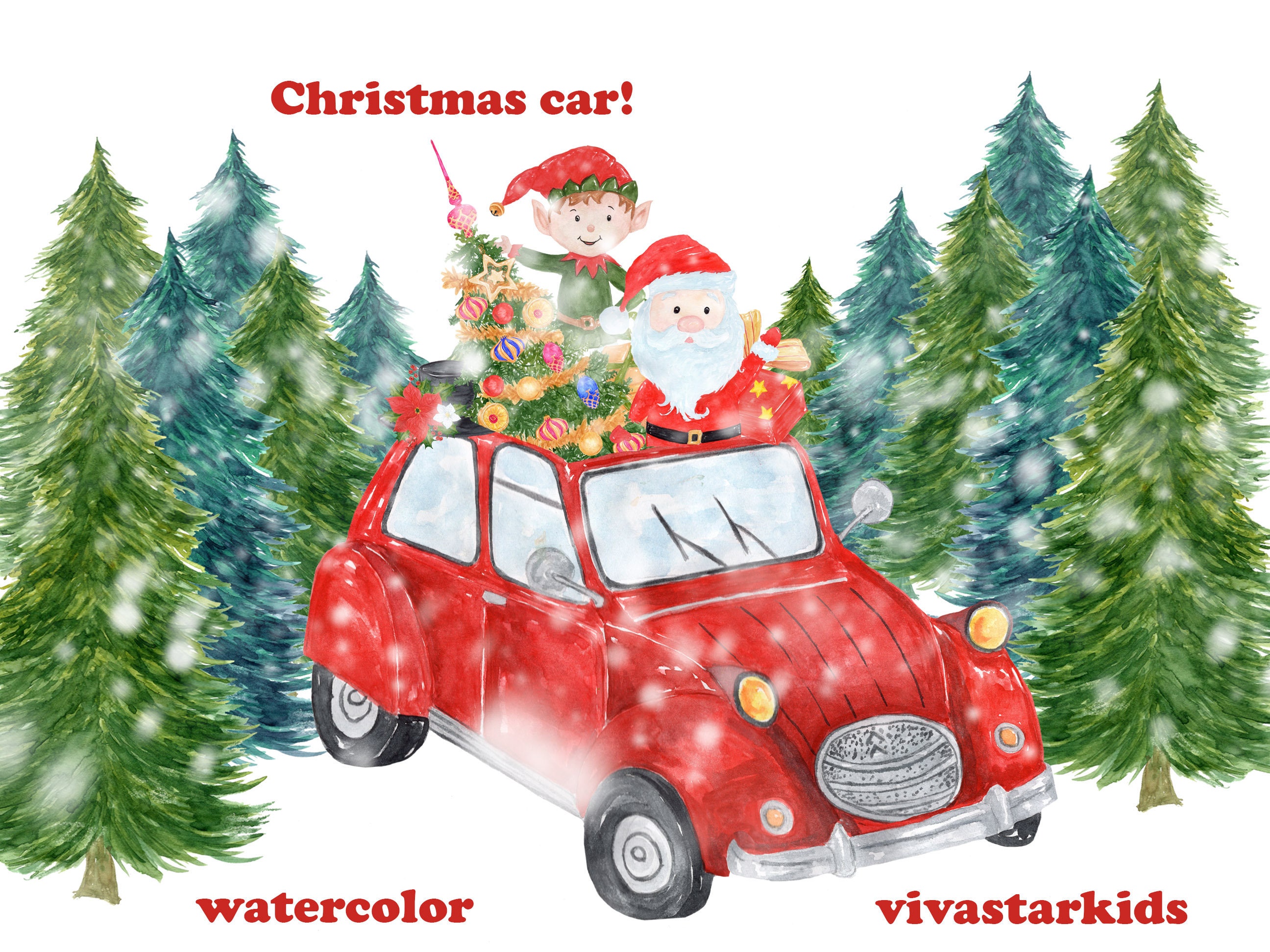 Watercolor Christmas Clipart: christmas RED Car - Etsy