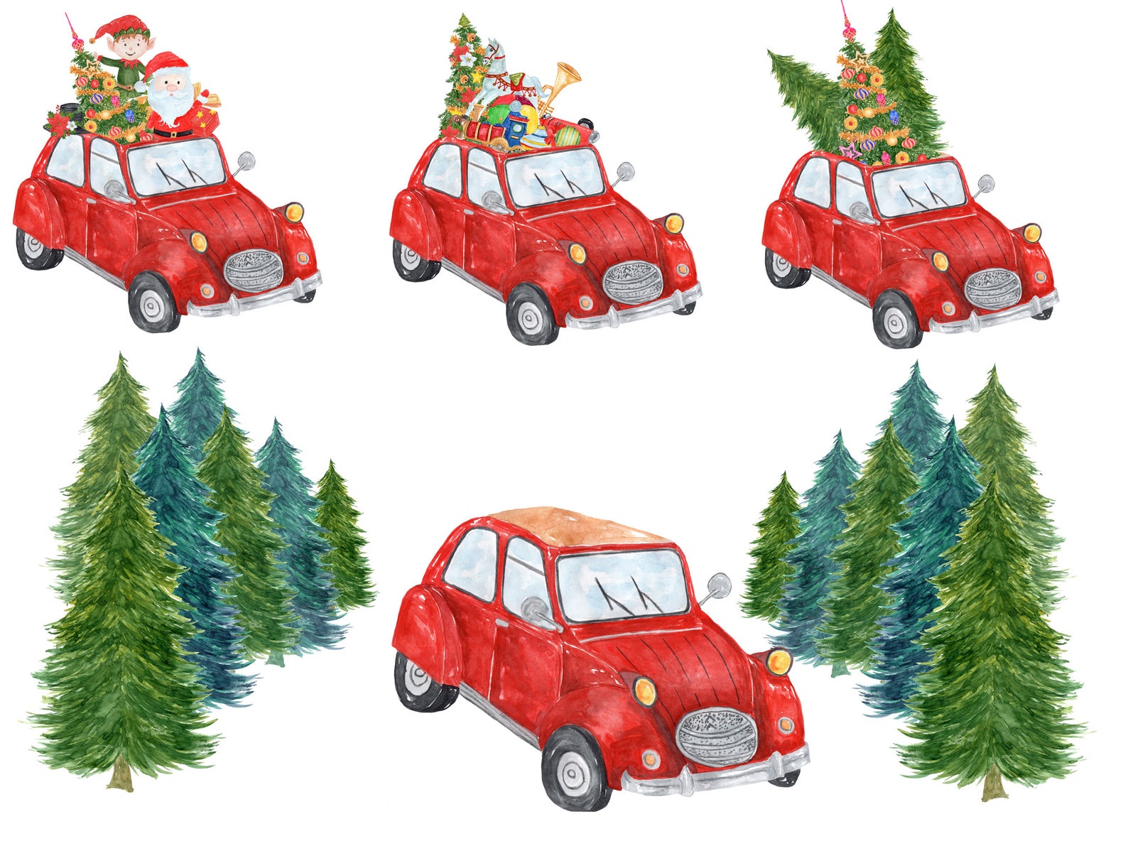 Watercolor Christmas Clipart: christmas RED Car - Etsy
