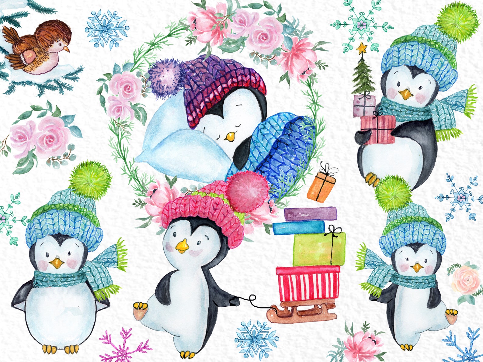 Cute Watercolor Penguins Clipart: winter Animals | Etsy
