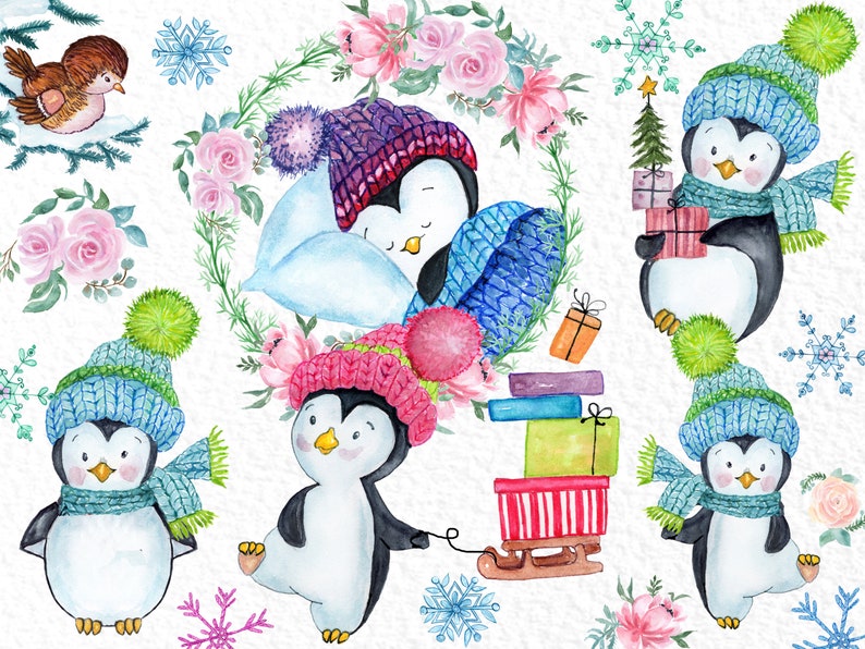 Cute Watercolor Penguins Clipart: winter Animals | Etsy