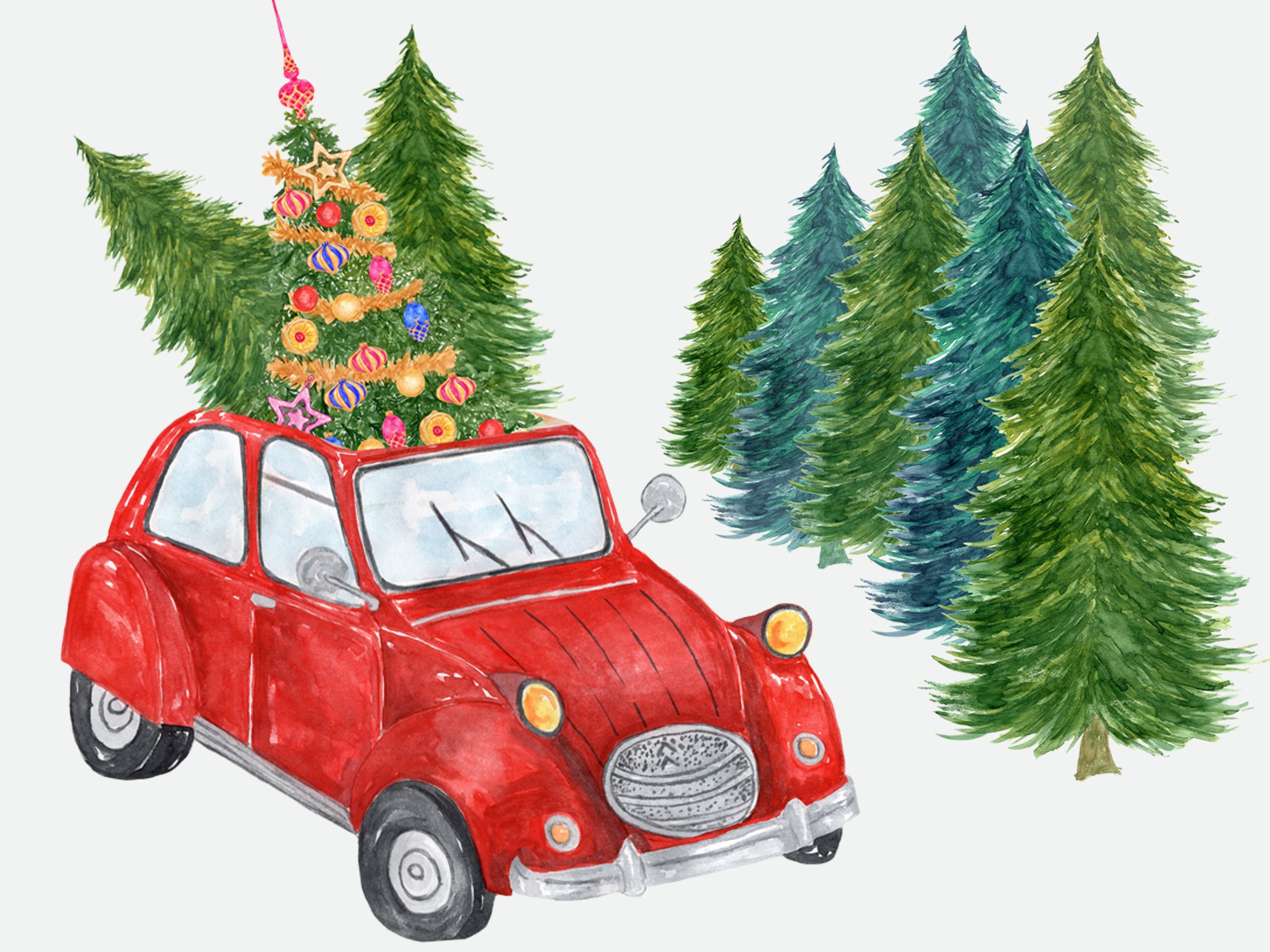 Watercolor Christmas Clipart: christmas RED Car - Etsy