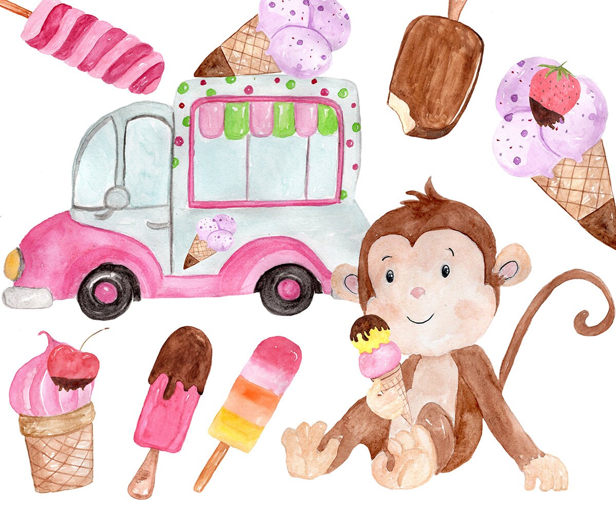 Ice Cream Clipart: monkey Clipart Watercolor Ice - Etsy Ireland