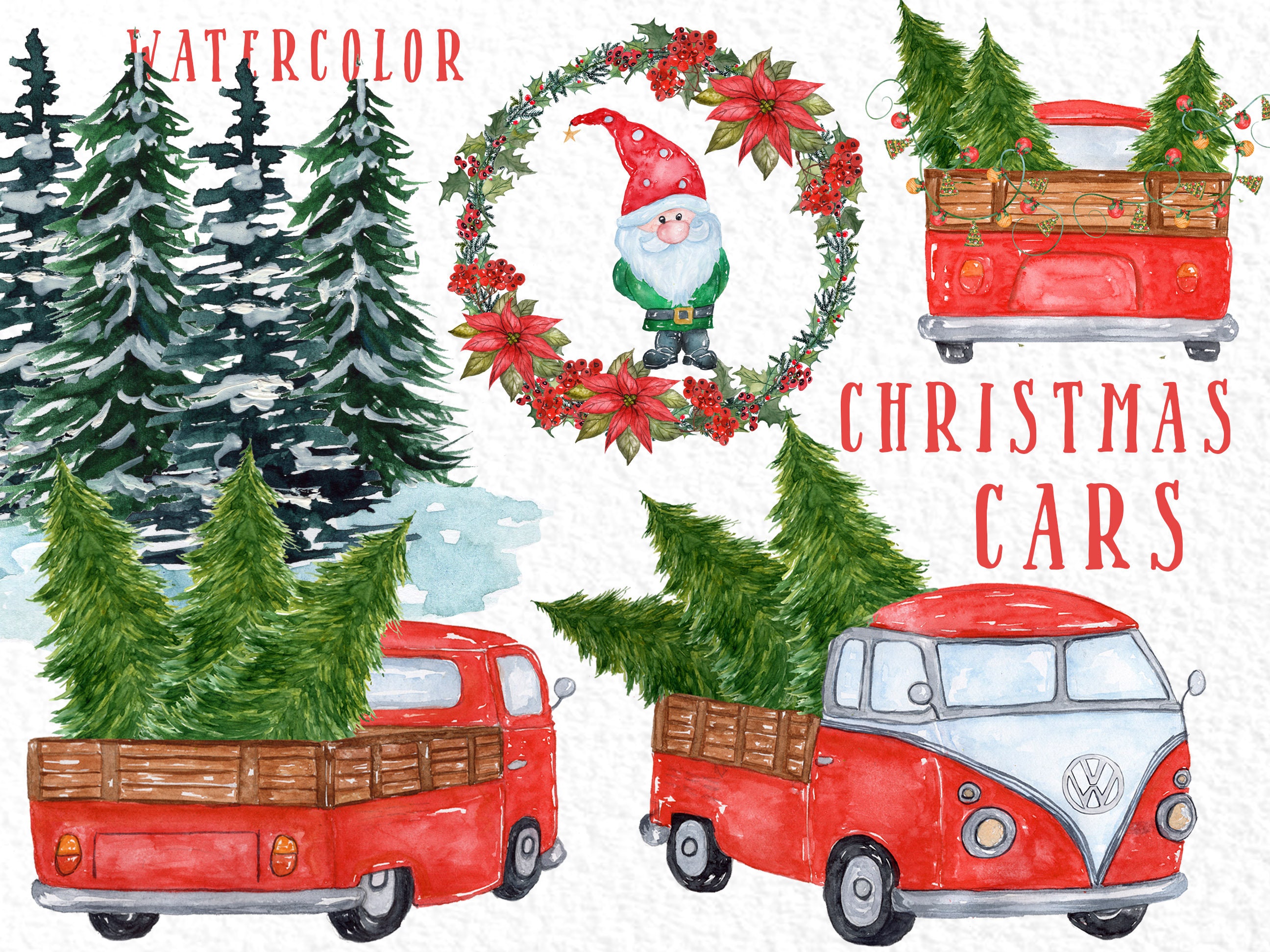 Watercolor Christmas Cars Clipart: christmas Truck | Etsy