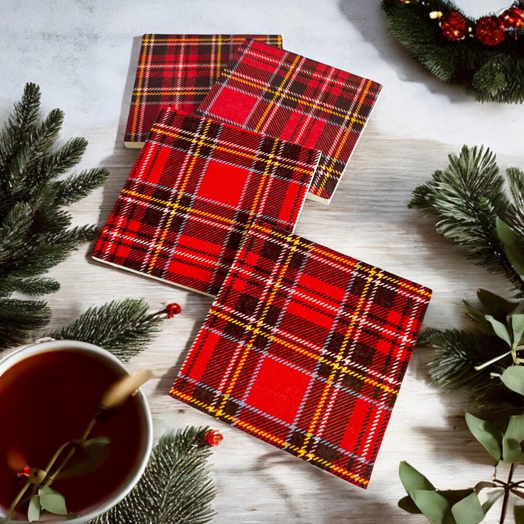 Festive Black Red Plaid Coasters Set,holiday Wooden Coasters, Square ...